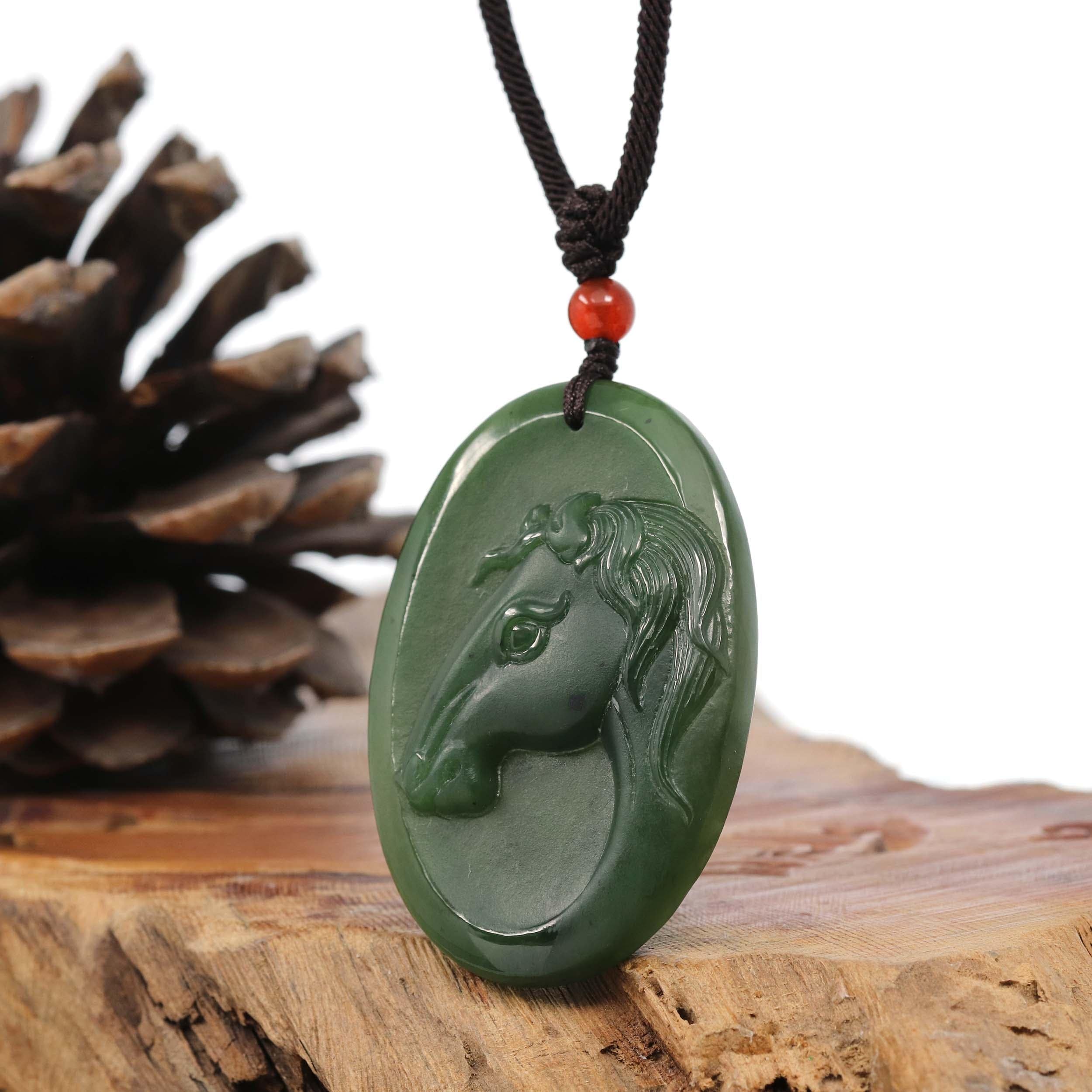 Natural Jade 12 Zodiac: Nephrite Jade Horse Pendant Necklace in Deep G ...