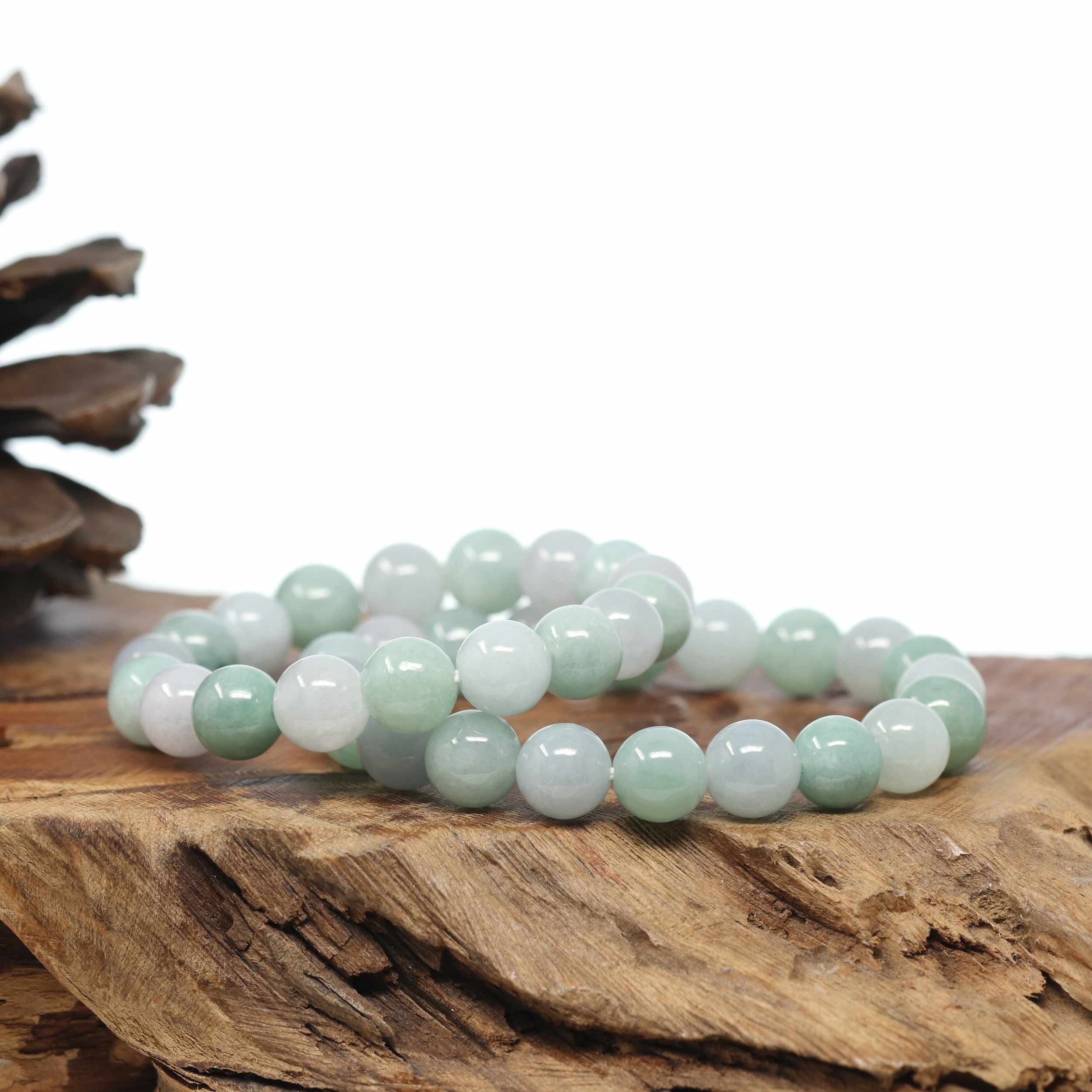 Baikalla Natural Green & White Jadeite Jade Round Green Beads Bracelet ...