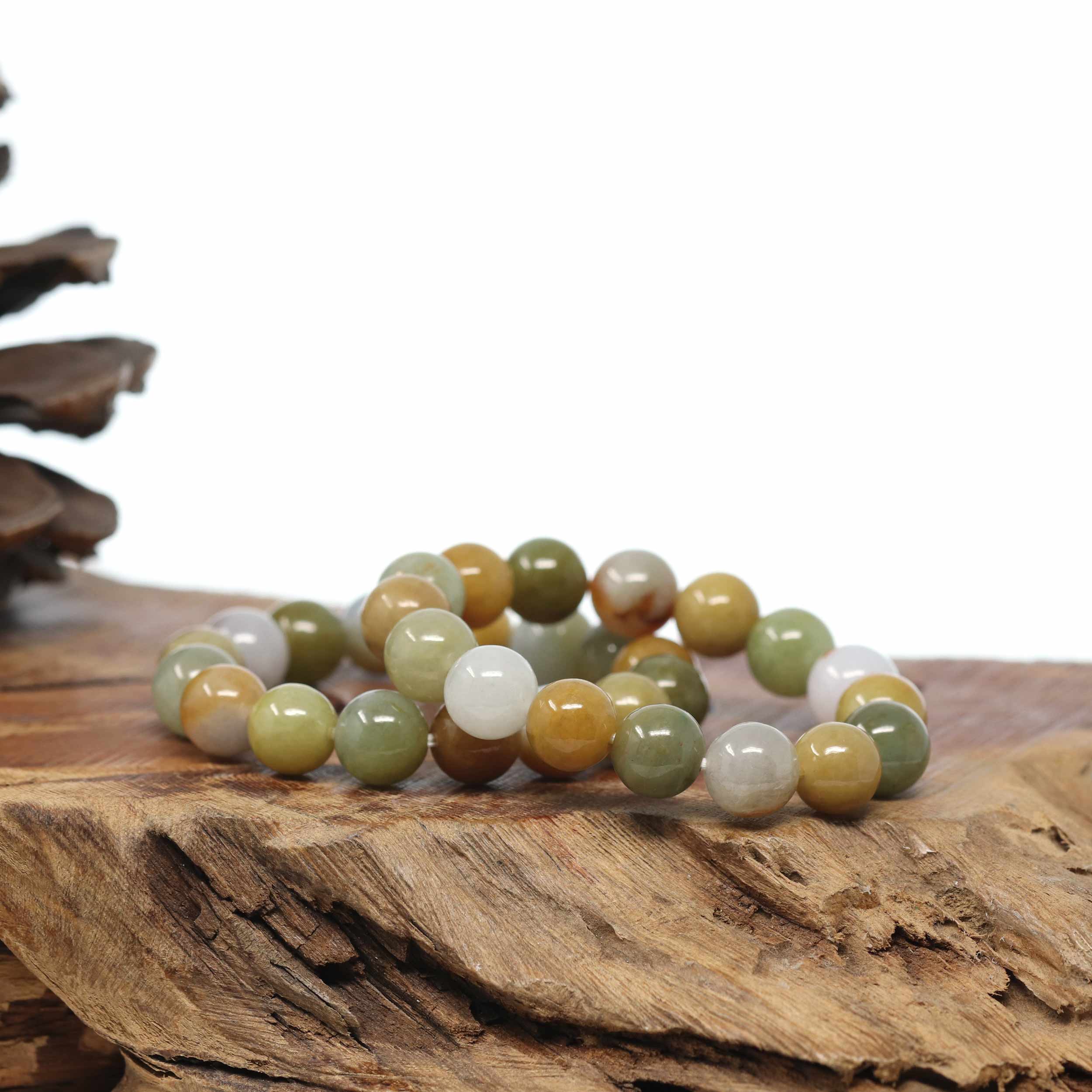 Baikalla Natural Jadeite Jade Round Multi Color Yellow & Green Beads B ...