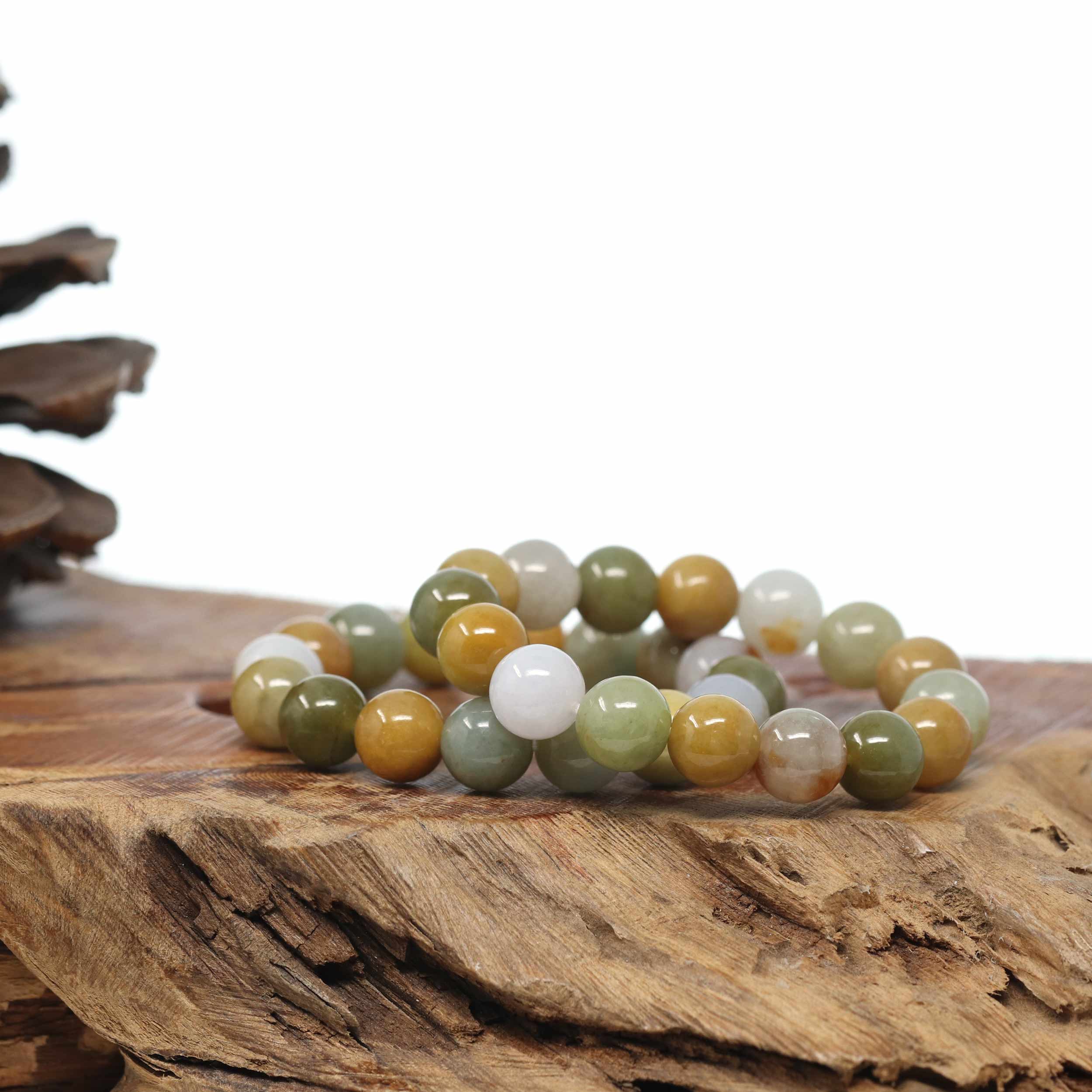 Baikalla Natural Jadeite Jade Round Multi Color Yellow & Green Beads B ...