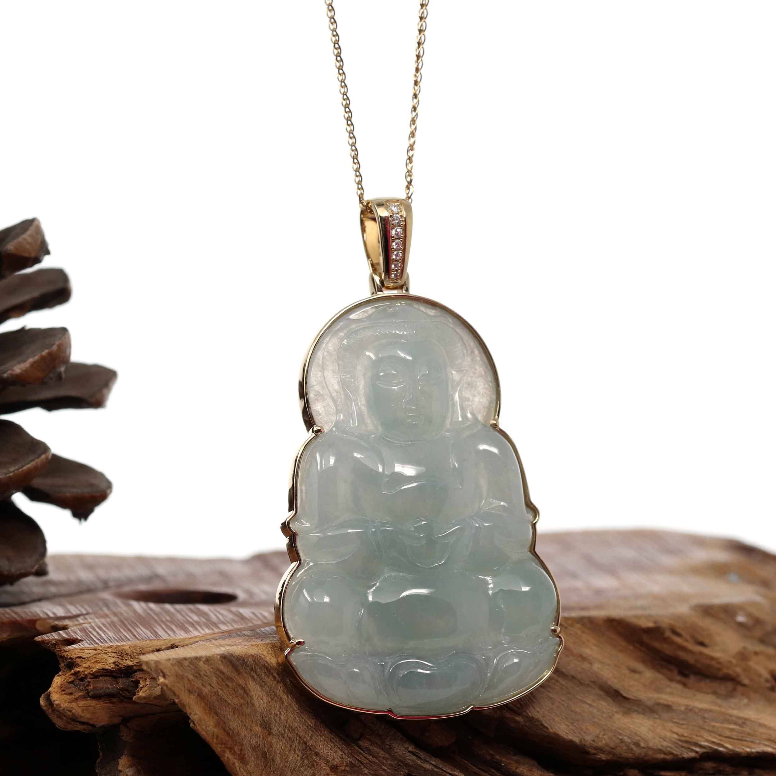 "Goddess of Compassion" 14k Yellow Gold Genuine Burmese Jadeite Jade G ...