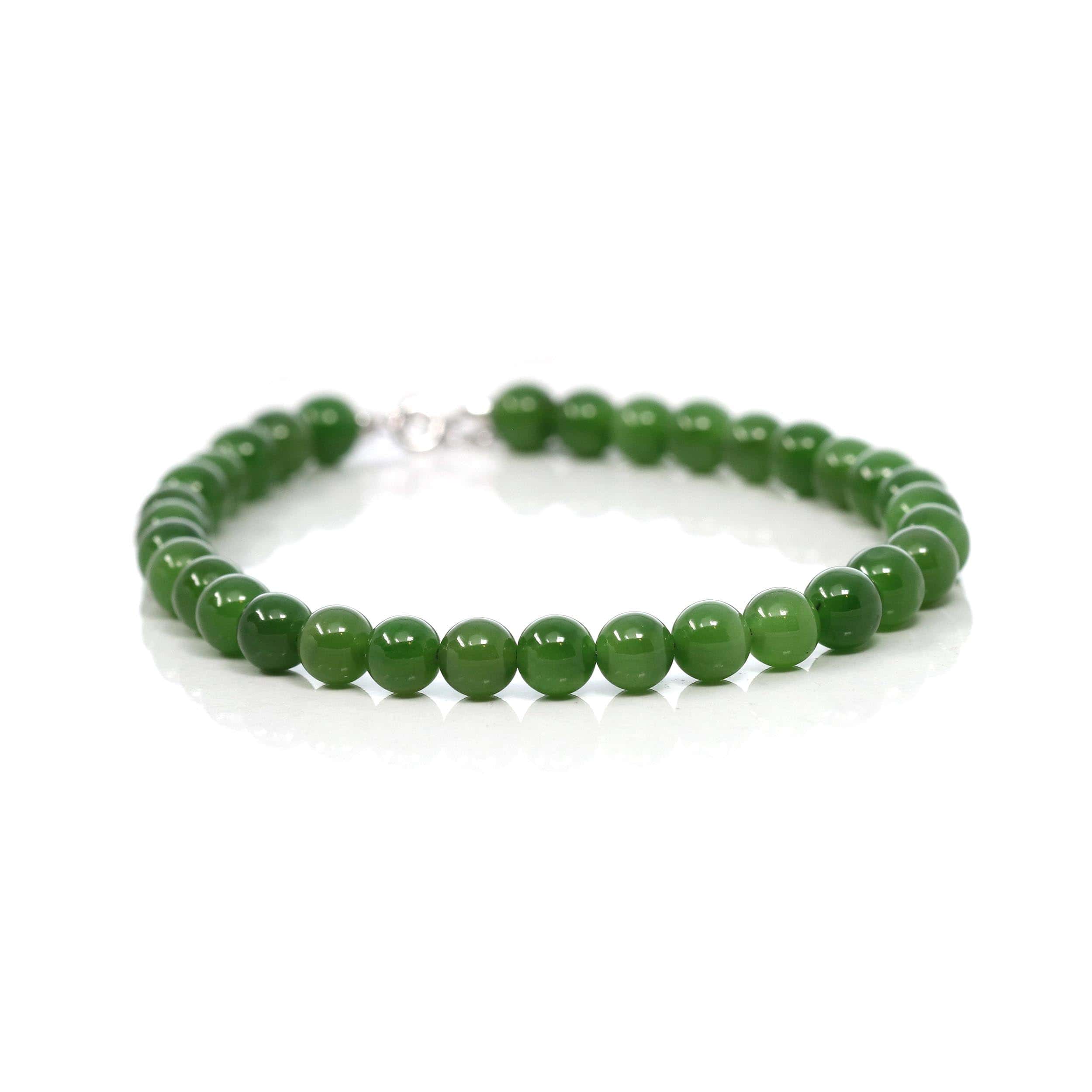 Baikalla High Genuine Fine Green Nephrite Jade Round Beads Bracelet Wi ...
