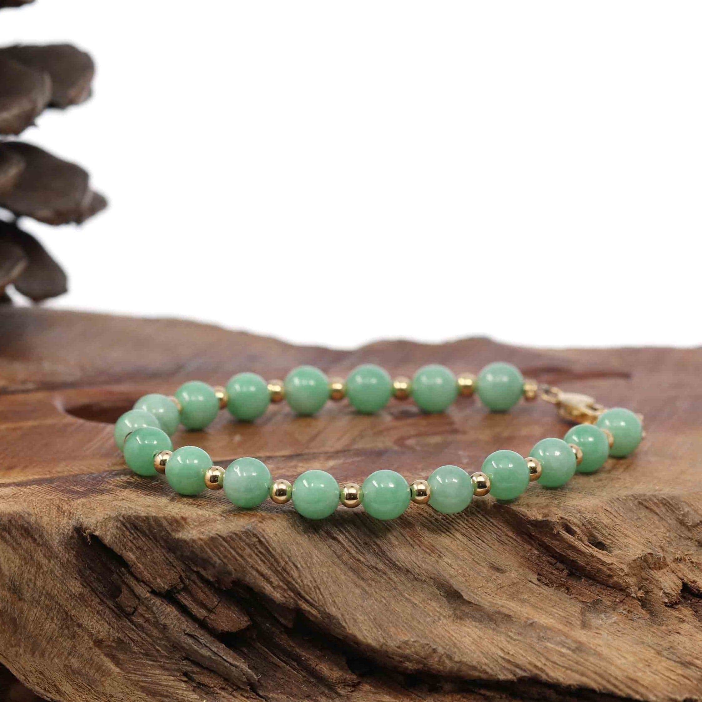Baikalla Genuine Green Jadeite Jade Round Beads Bracelet With 18K Yell