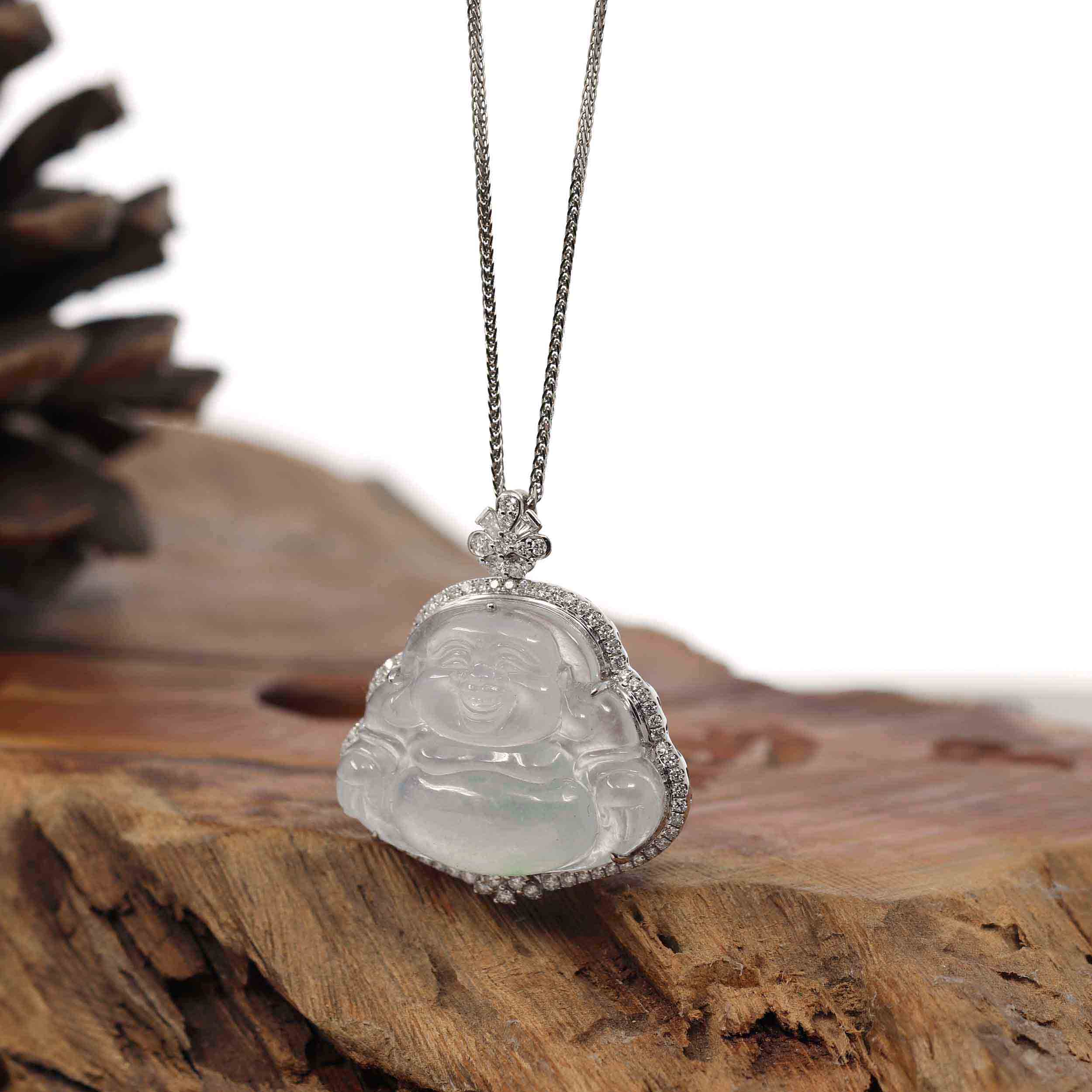 Baikalla High-end 14K White Gold Genuine Burmese Ice Jadeite Jade Budd