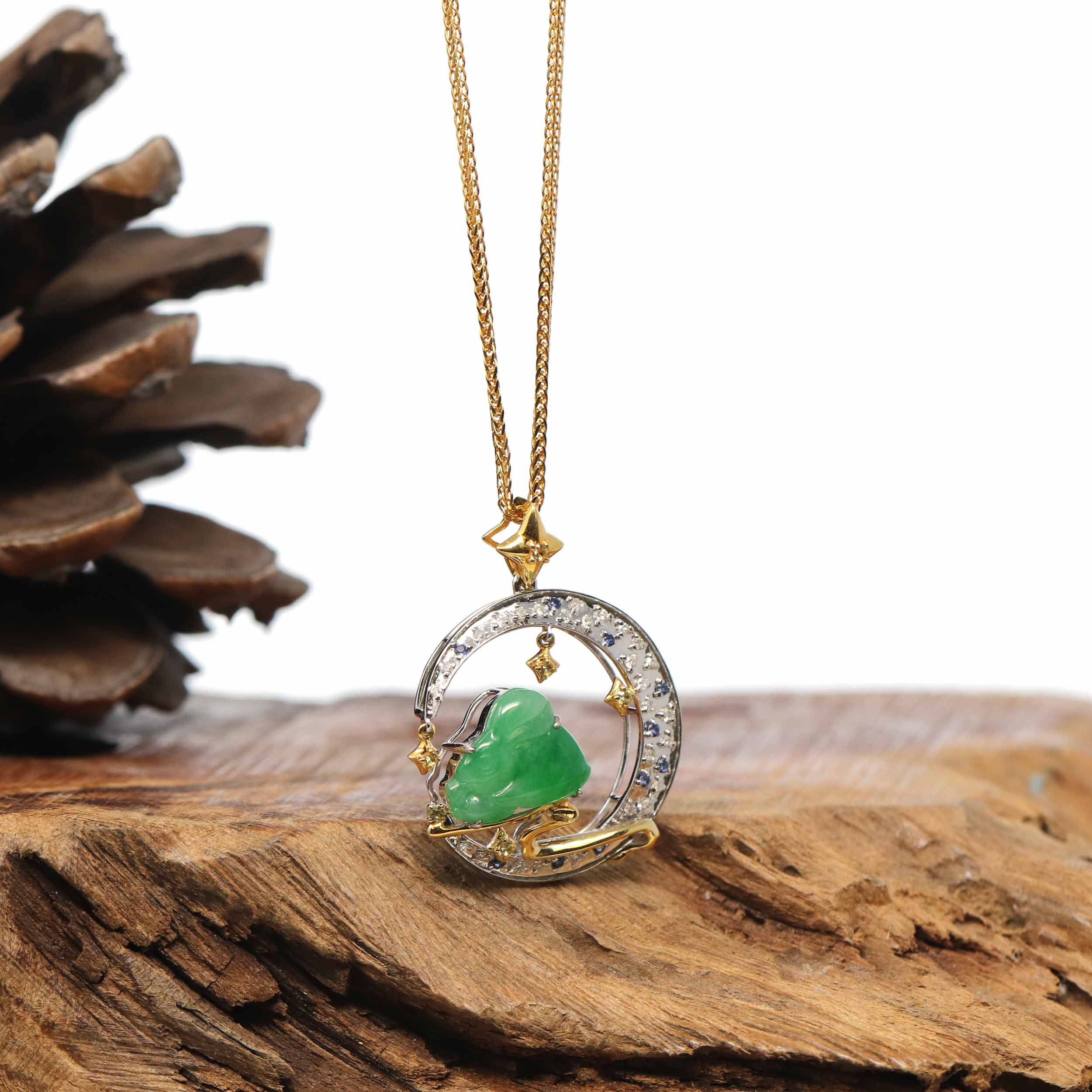 18k Yellow & White Gold Imperial Green Jadeite Jade Rabbit & Moon Pend ...
