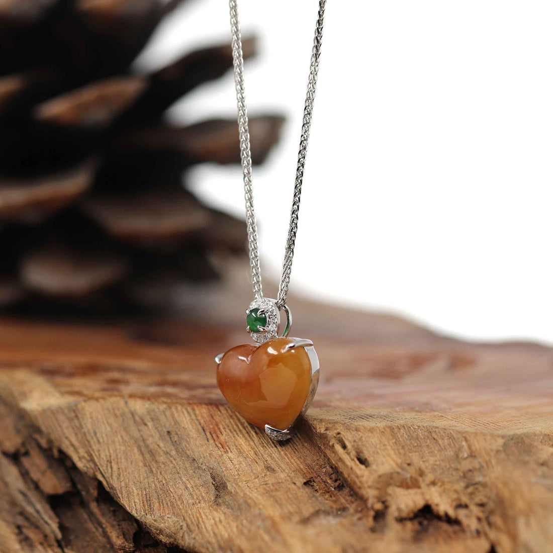 Baikalla 14K Gold Genuine Burmese Orange Jadeite Jade Heart Pendant wi