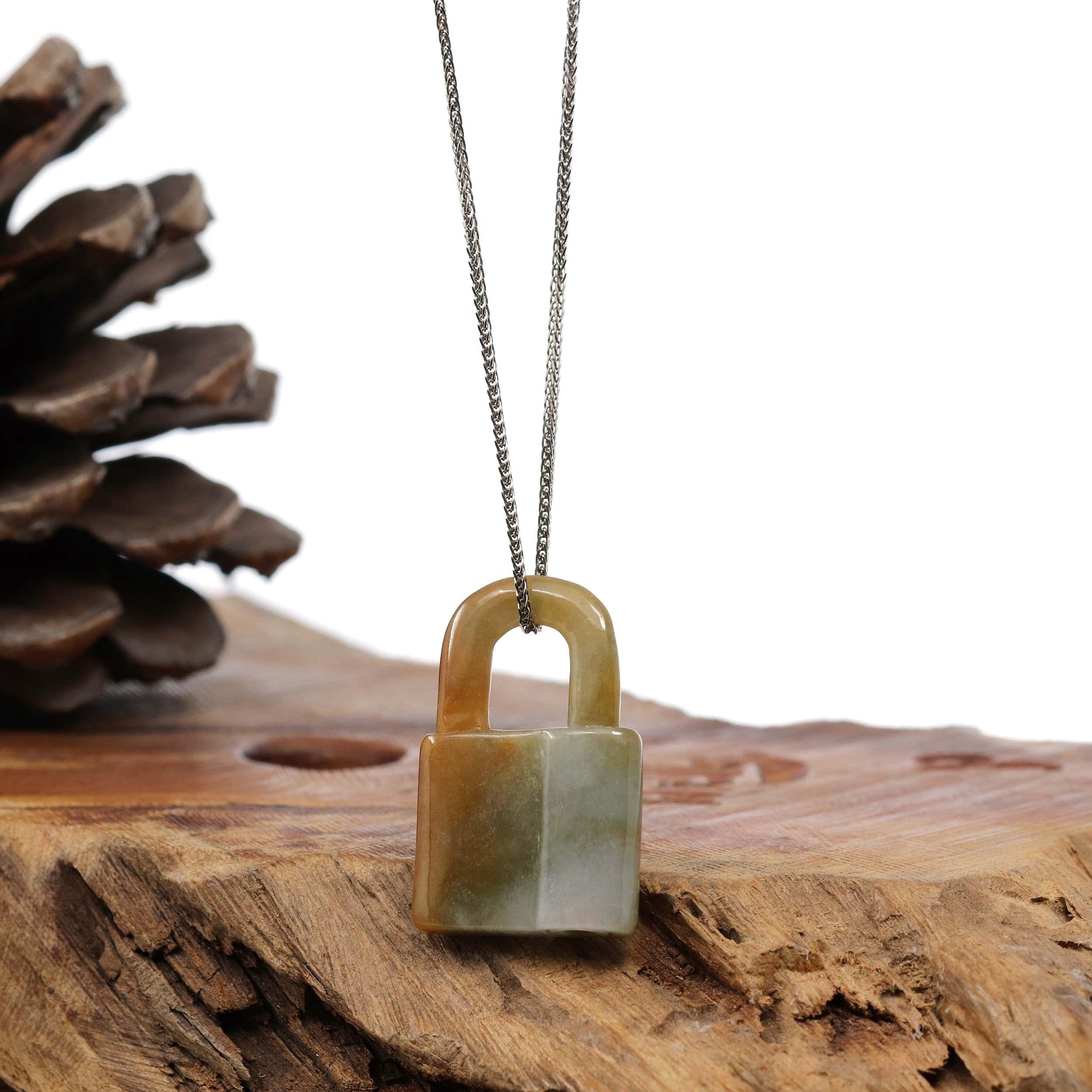 Baikalla Yellow and Green Jadeite Jade Lock Necklace Pendant For Men – BKLA