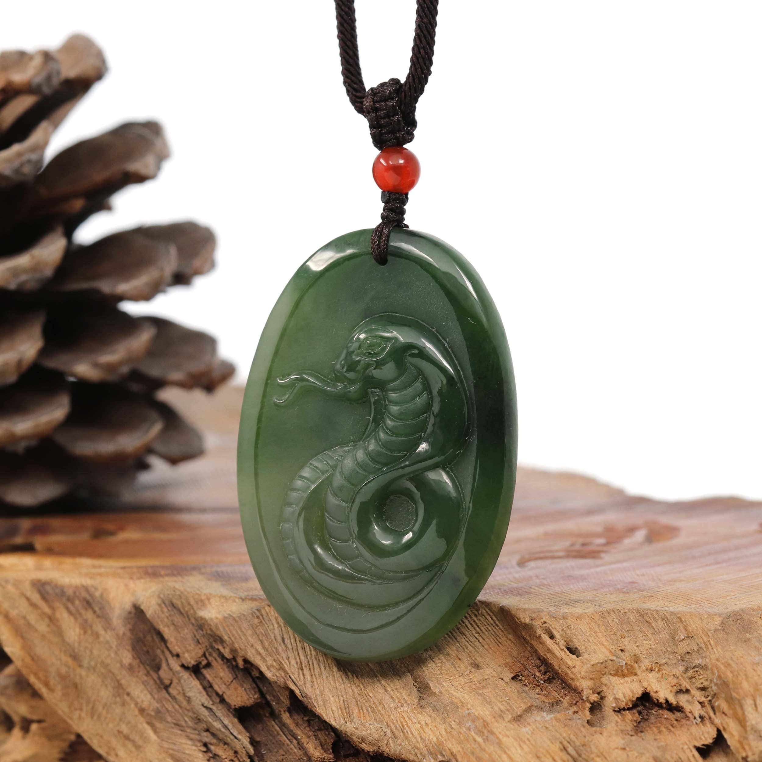 Natural Jade 12 Zodiac: Nephrite Jade Snake Pendant Necklace in Deep G ...