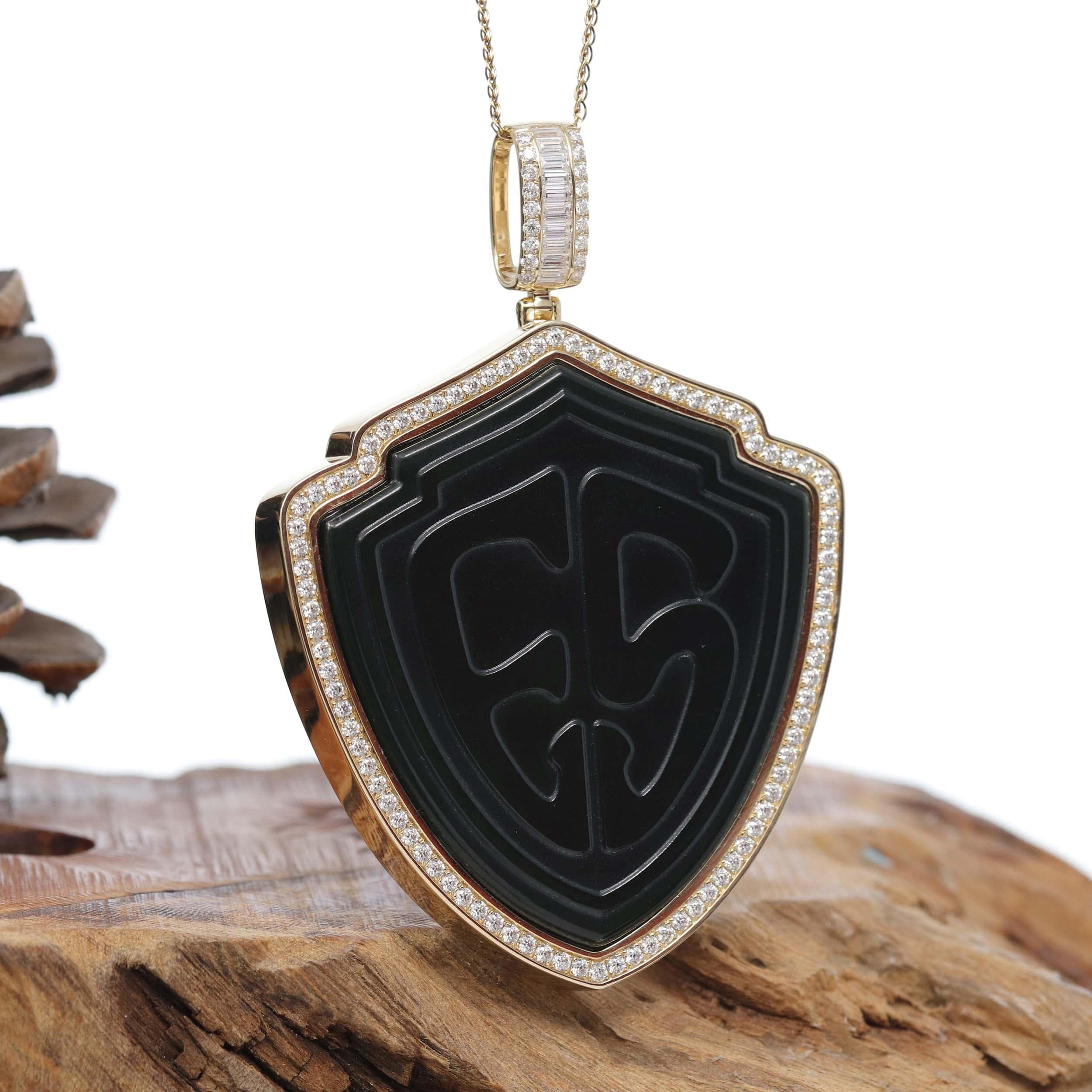 14k Yellow Gold Genuine Black Nephrite Jade "Special Pattern" Pendant ...