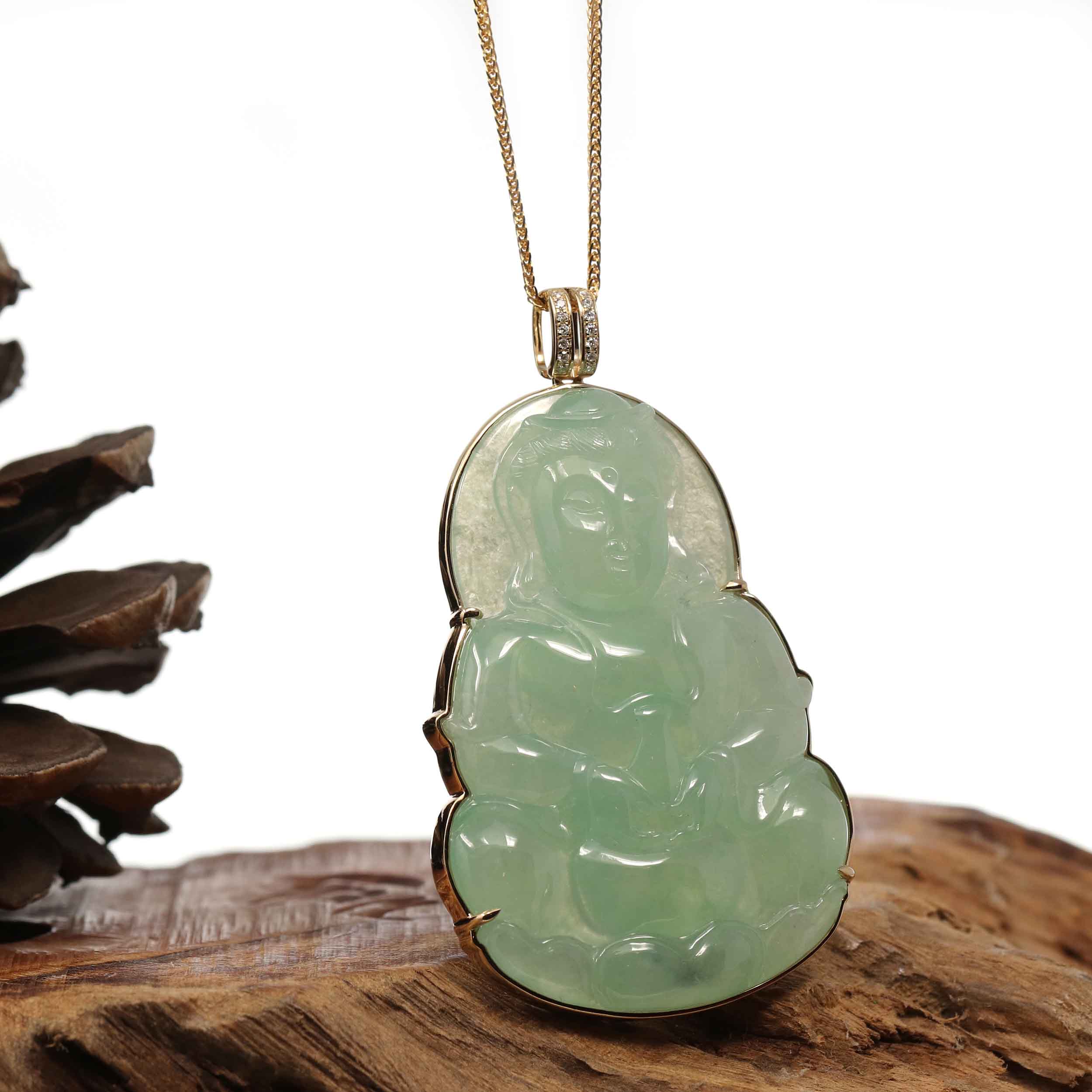 "Goddess of Compassion" 14k Yellow Gold Genuine Burmese Jadeite Jade G ...