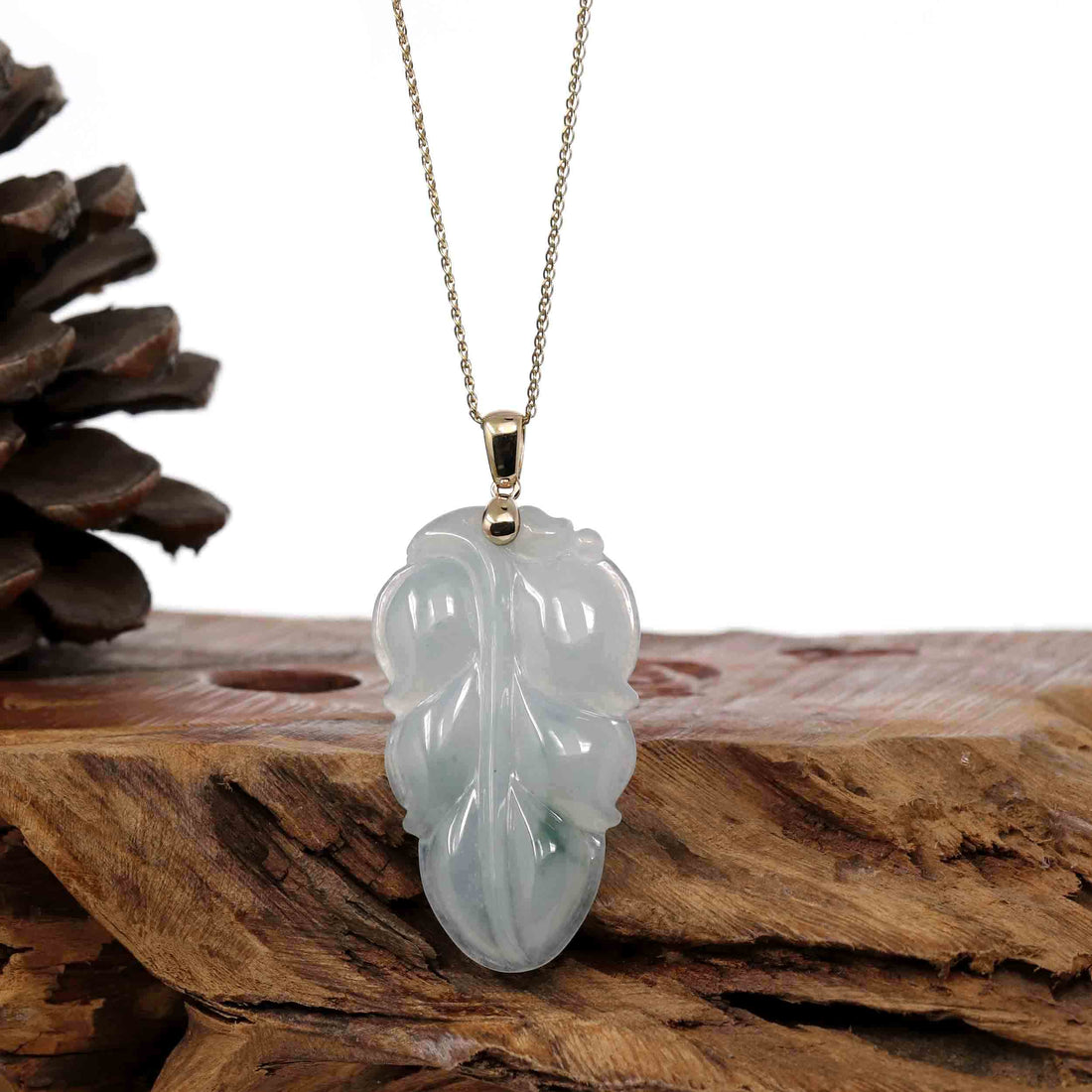 Genuine Ice Green Jadeite Jade Jin Zhi Yu Ye (Leaf) Necklace With 14k ...