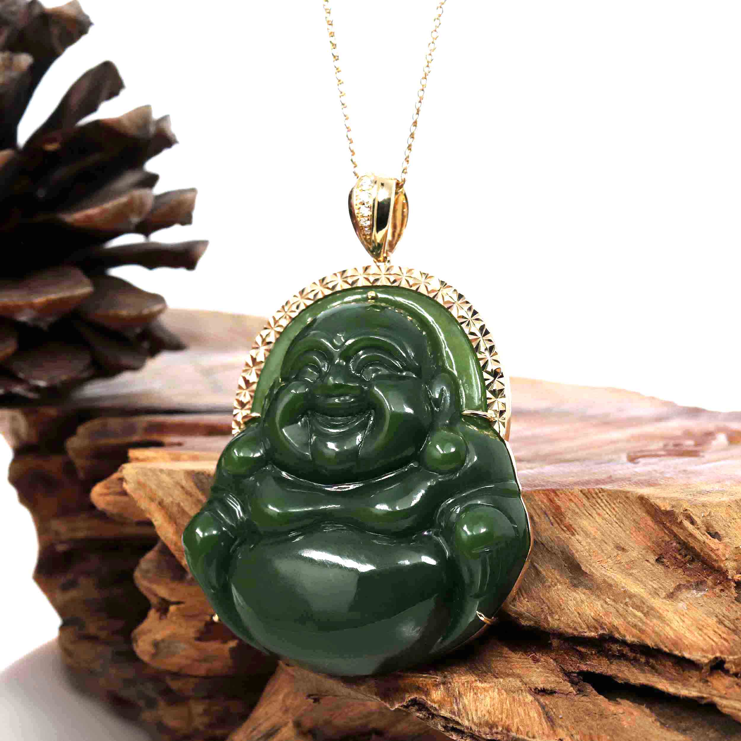 Baikalla™ "Laughing Jade Buddha" Large 14k Yellow Gold Genuine Nephrite ...