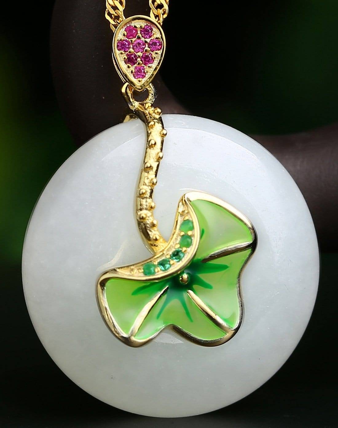 Genuine White Nephrite Jade Necklace with Gold Plated Sterling Silver ...