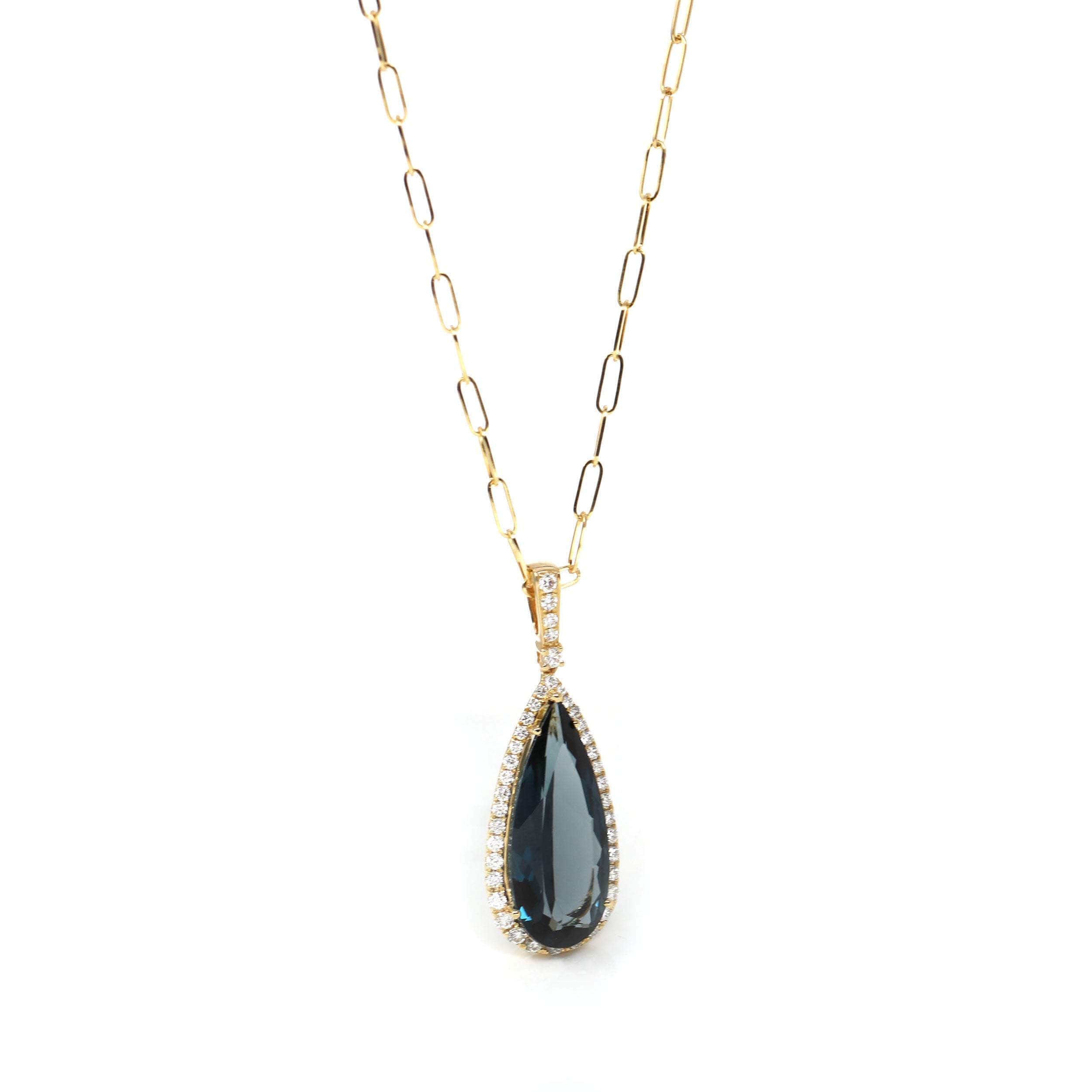 18k Yellow Gold Natural Navy Blue Topaz Pear Cut Necklace With Diamond ...