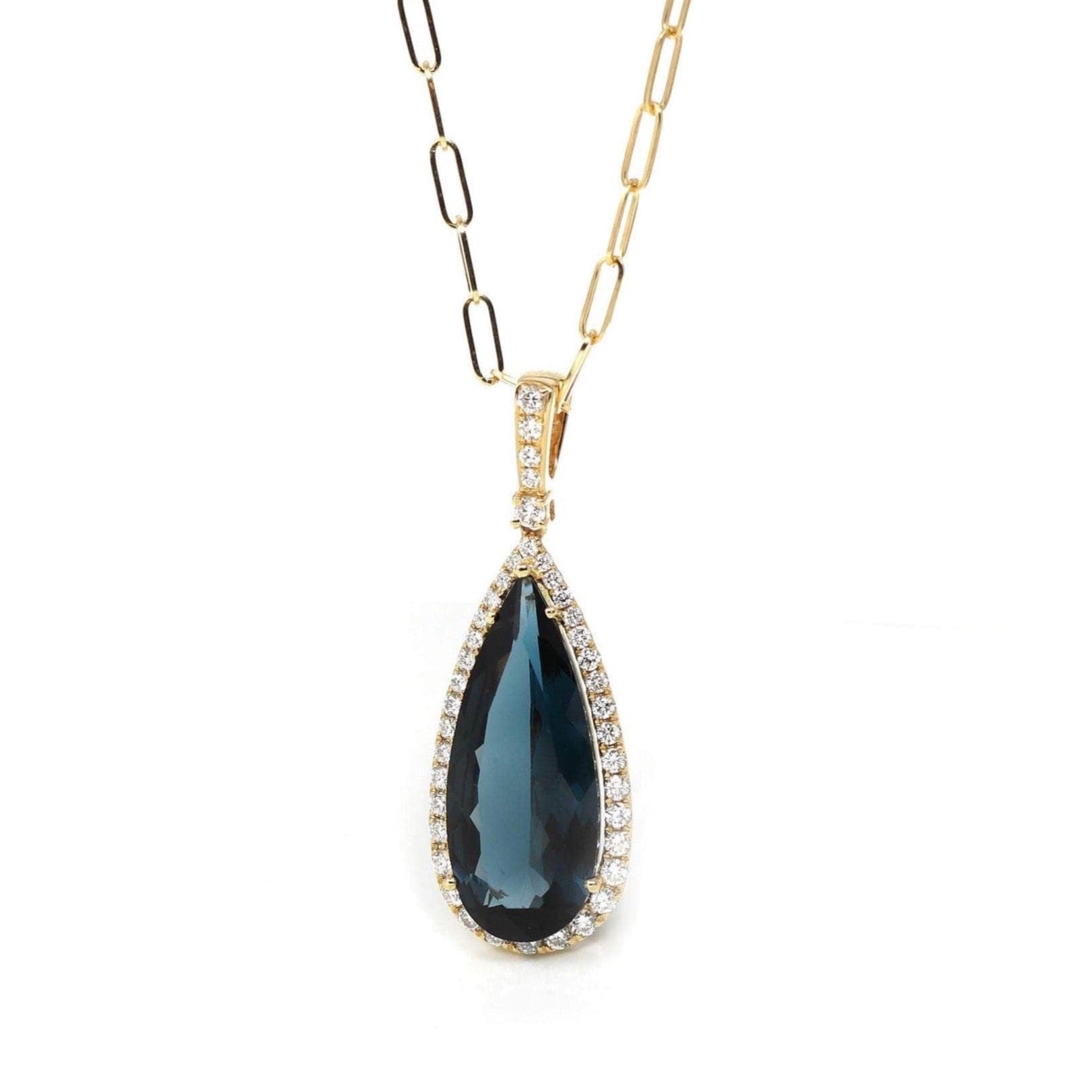 18k Yellow Gold Natural Navy Blue Topaz Pear Cut Necklace With Diamond ...